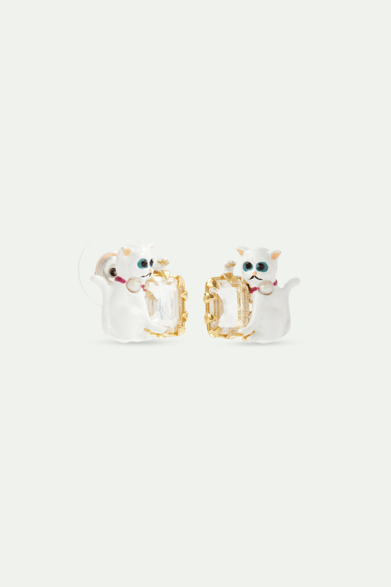 Les Néréides Loves Animals - White Cat and Faceted White Stone Post Ea