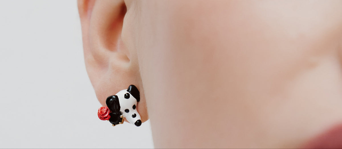 Les Néréides Loves Animals - Dalmatian Clip-On Earrings with Black Rou