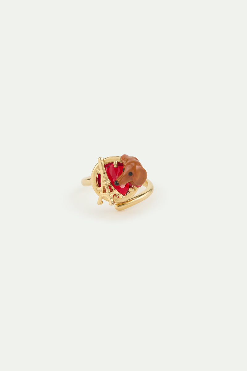 Les Néréides Loves Animals - Dachshund Adjustable Ring with Eiffel Tow