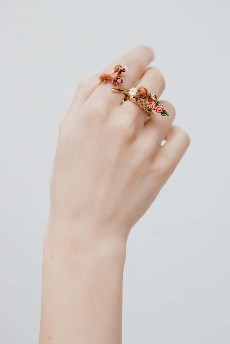 Les Néréides Loves Animals - Basket, Dachshund and Bunch of Flowers Co